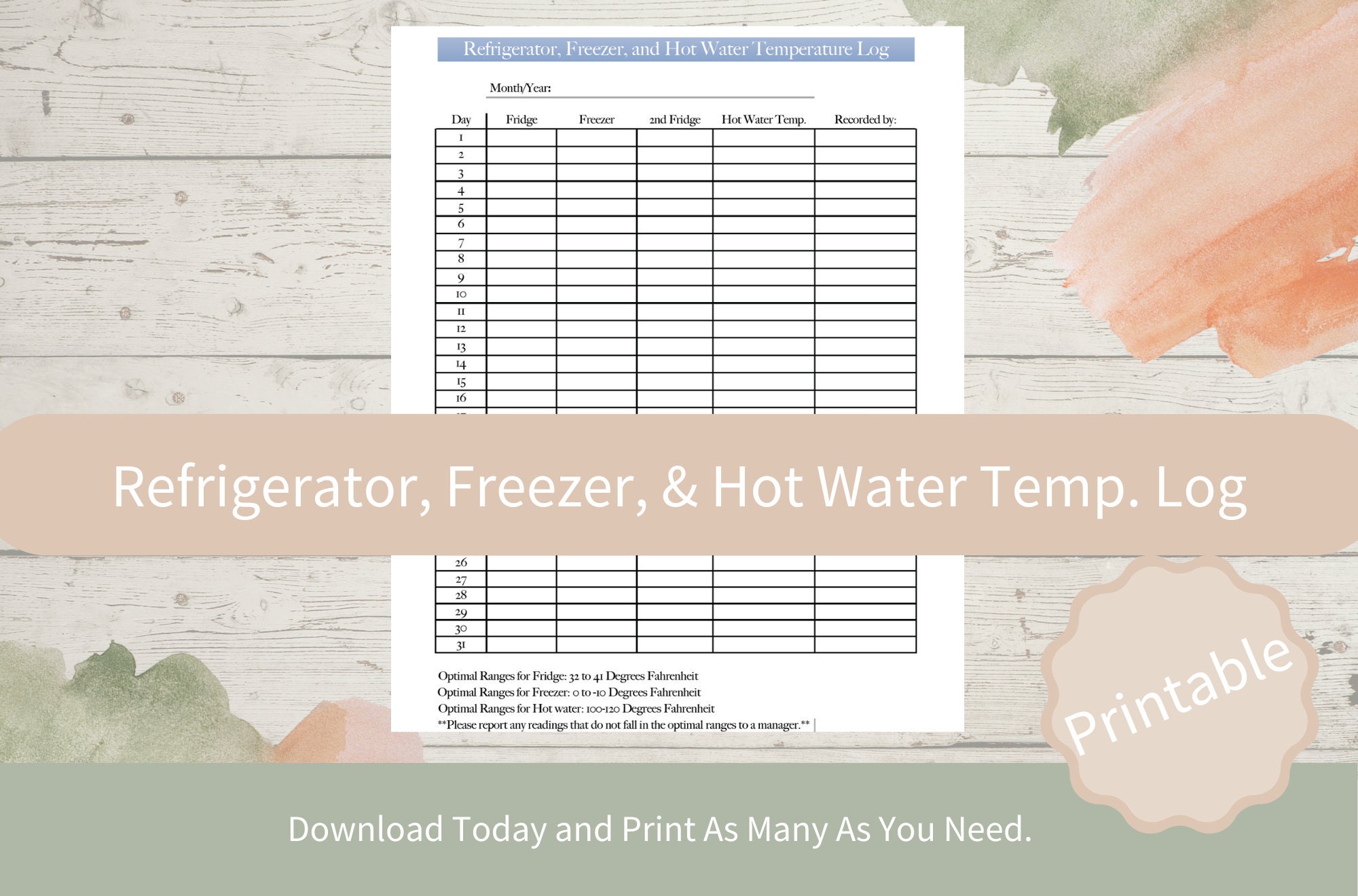 Refrigerator Fridge and Hot Water Temperature Log for - Etsy