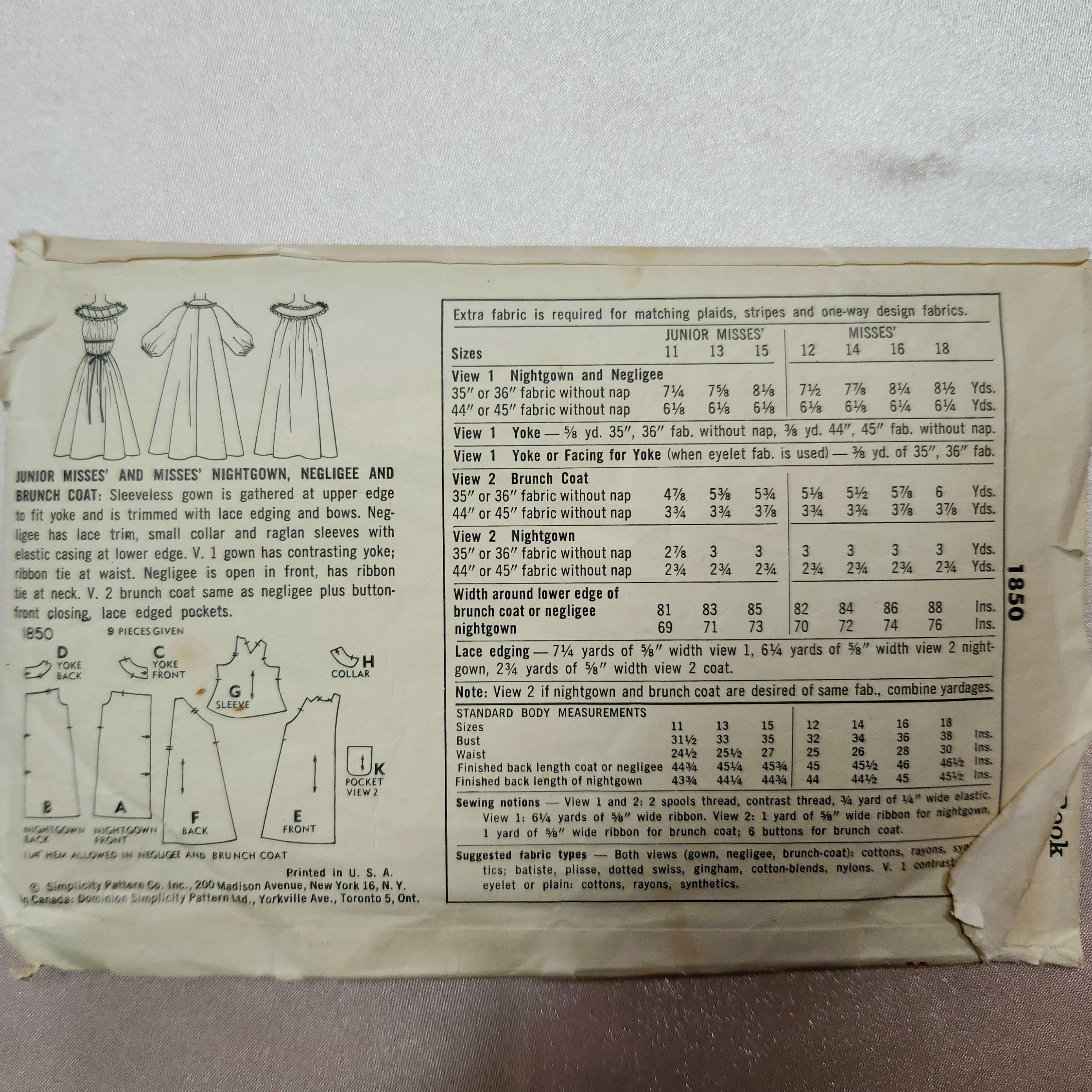 Vintage 1950s Negligee or Nightgown Sewing Pattern | Simplicity #1850 ...