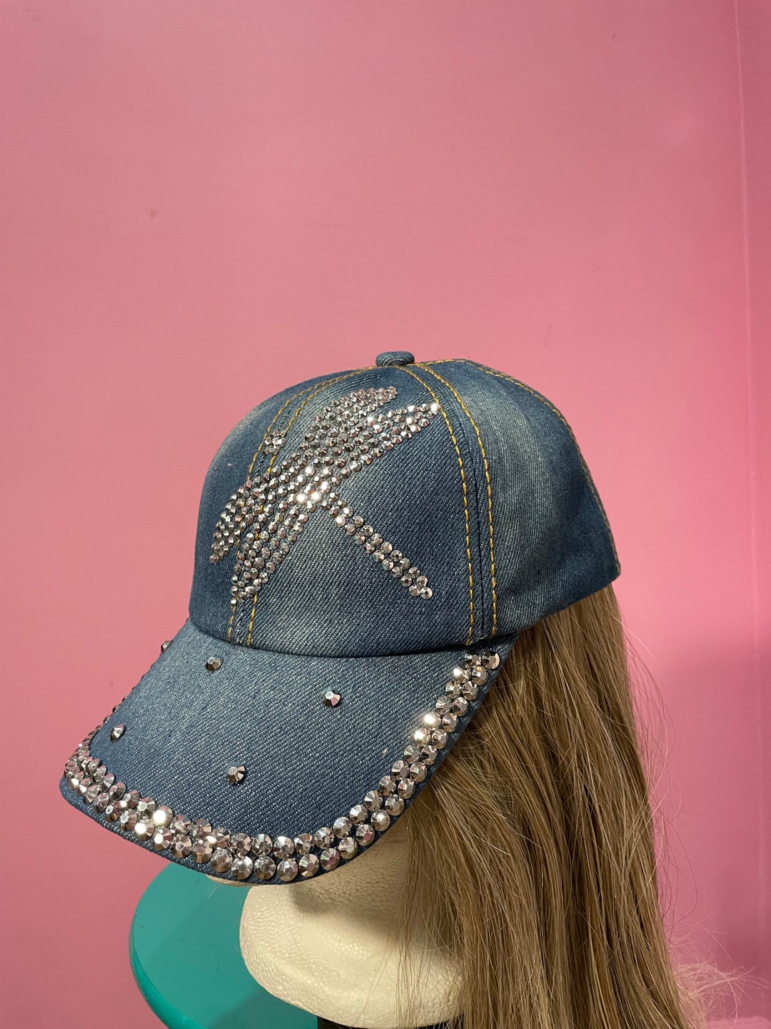 Rhinestone Denim Baseball Cap, Paris Hilton Inspired Y2K Early 2000s ...