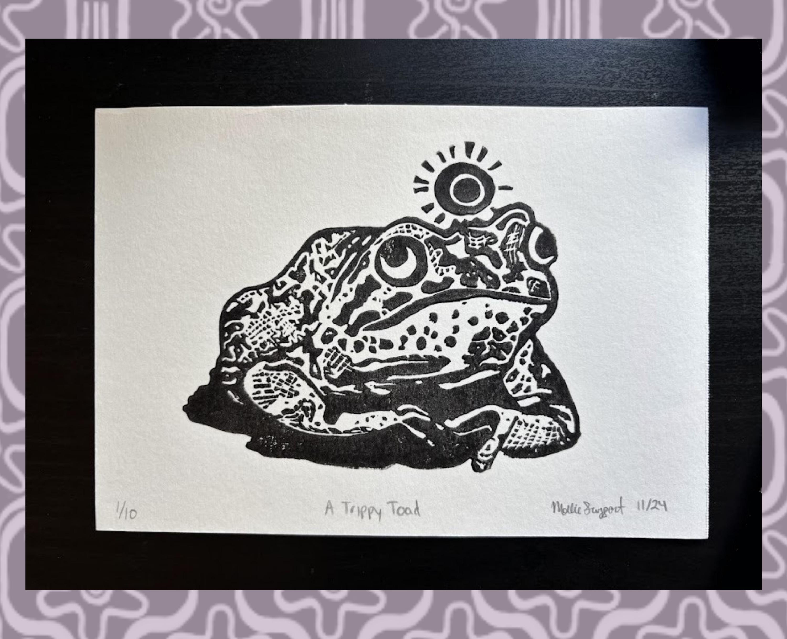A Trippy Toad Linocut Art Print - 5x7 Hand Block Printed Toad Wall Art ...