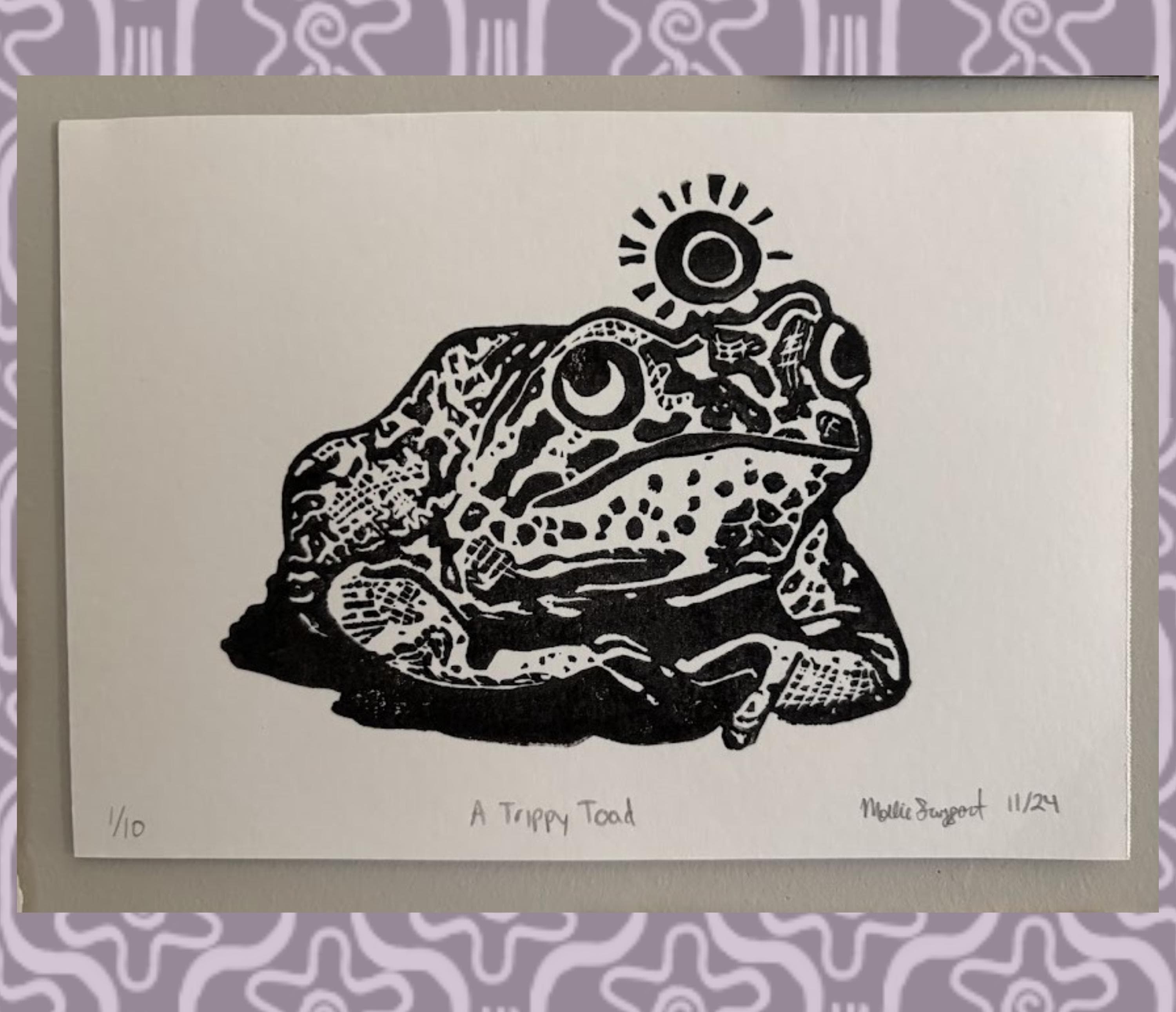 A Trippy Toad Linocut Art Print - 5x7 Hand Block Printed Toad Wall Art ...