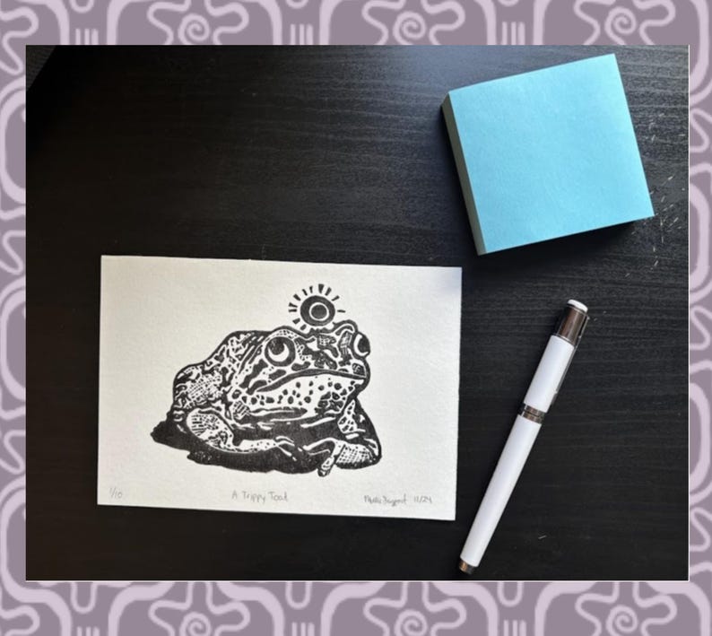 A Trippy Toad Linocut Art Print - 5x7 Hand Block Printed Toad Wall Art ...