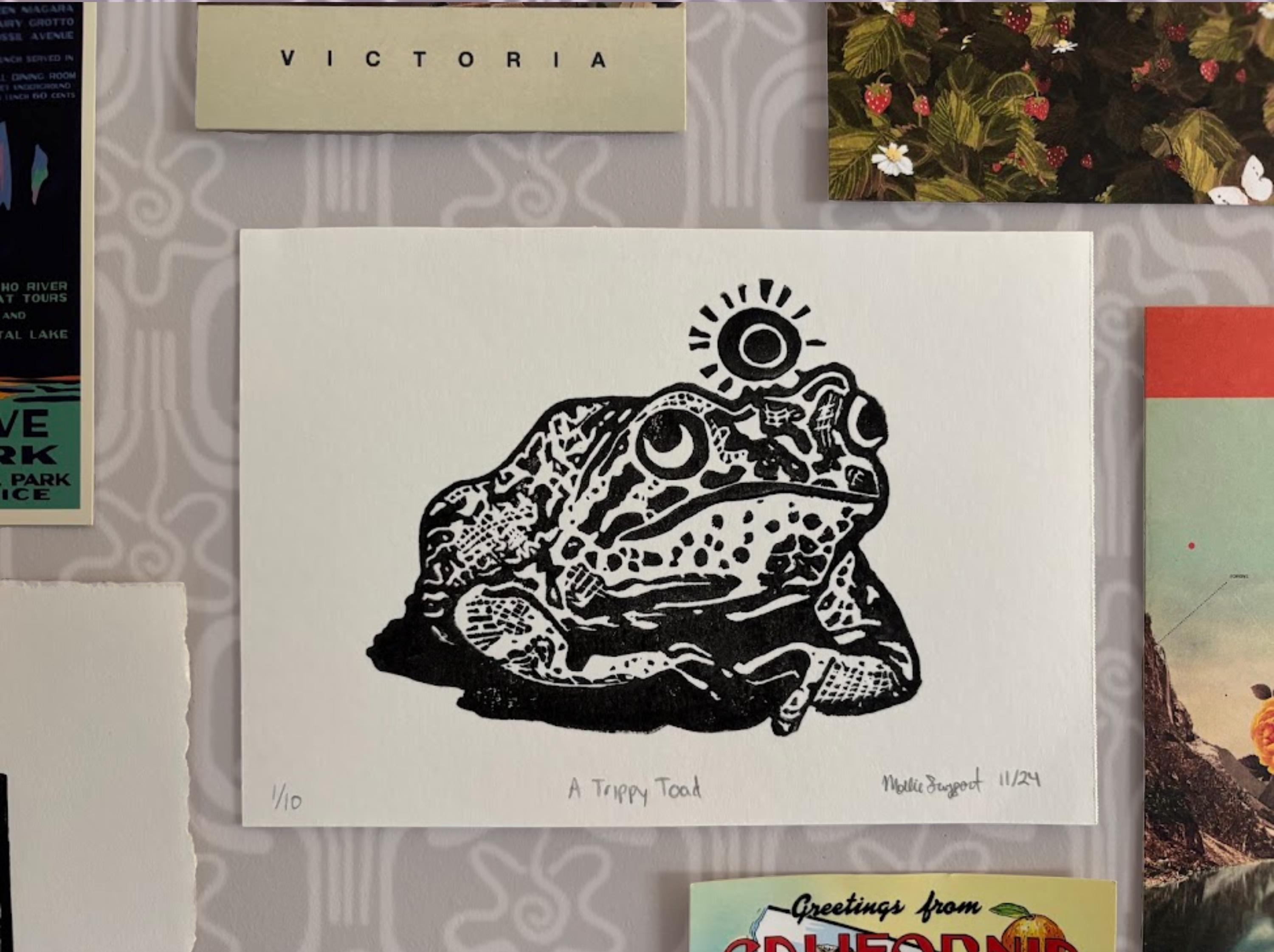 A Trippy Toad Linocut Art Print - 5x7 Hand Block Printed Toad Wall Art ...
