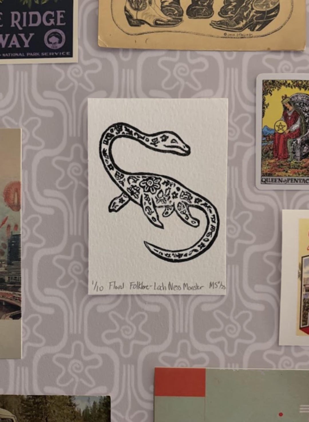 Loch Ness Monster Linocut Art Print - 3.5x5 Hand Block Printed Floral ...