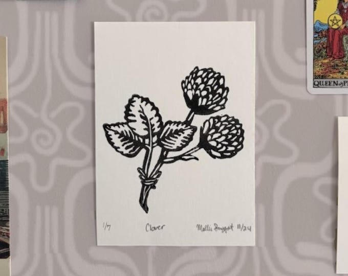 Four Leaf Clover Linoleum Block Print - 8x10 Green Linocut Poster - St ...