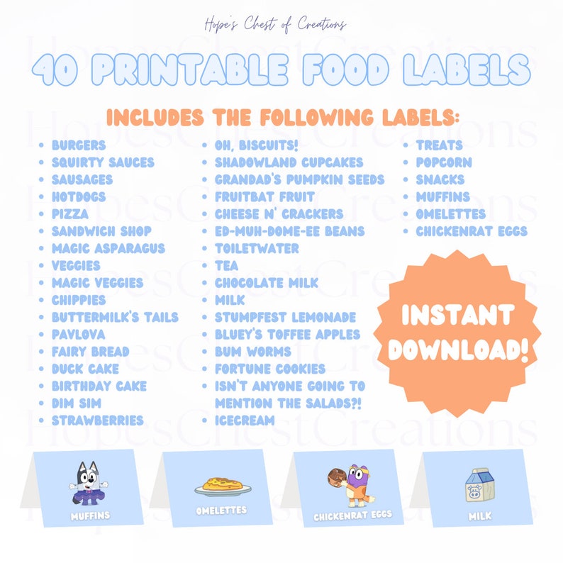 Blue Dog Themed Party Food Tent Cards 40 Printable Food Label Card ...
