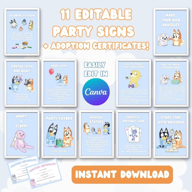 Editable Blue Dog Themed Activity and Game Prints Adoption Certificates ...