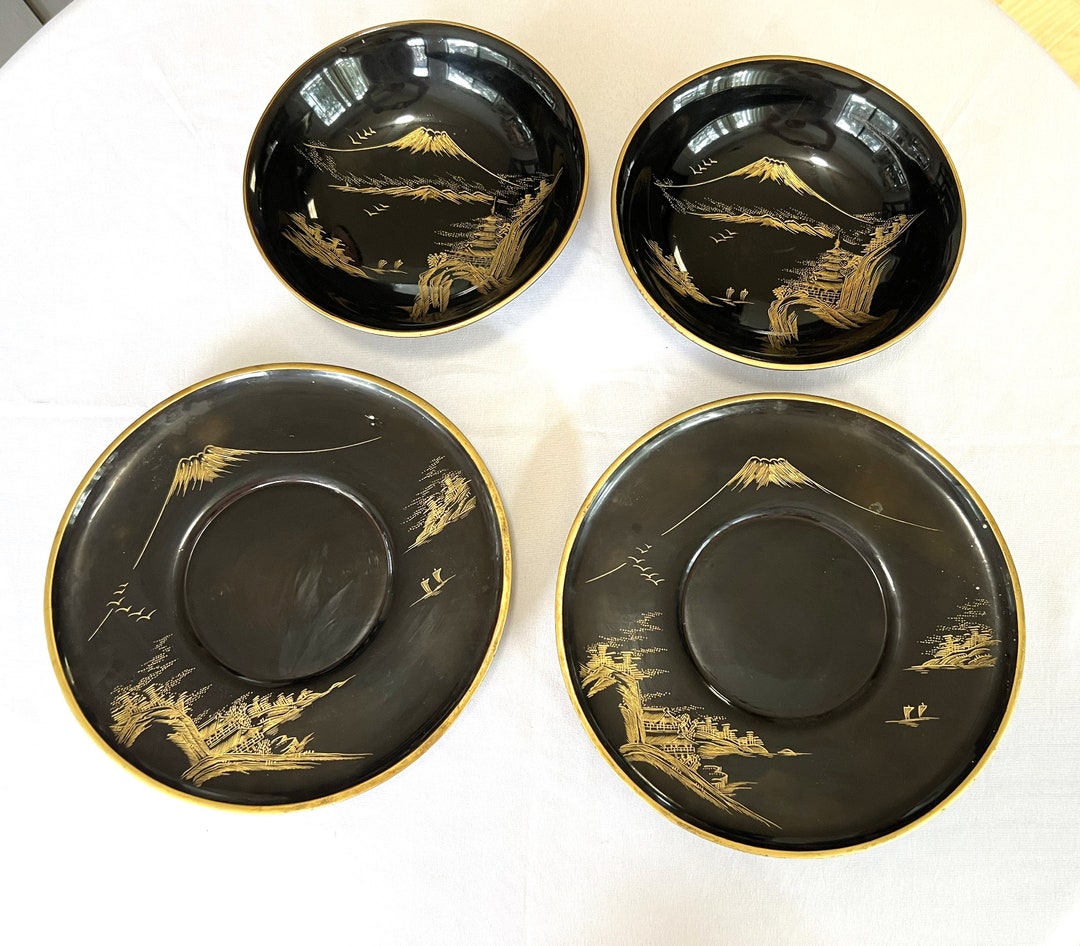 Vintage MCM Mid ?century Modern Japanese Hand Painted Black Lacquer ...