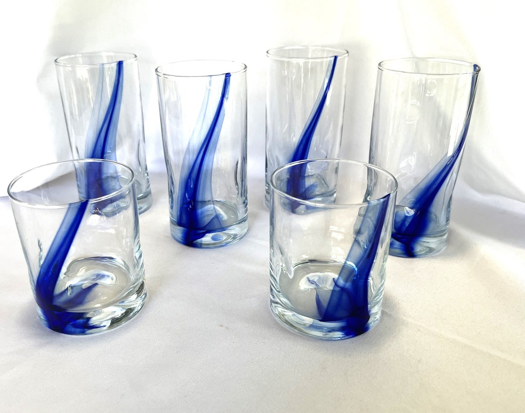 Vintage Libbey Blue Ribbon Impressions Glasses Set Of 6 Tall And Short Juice Water Glass