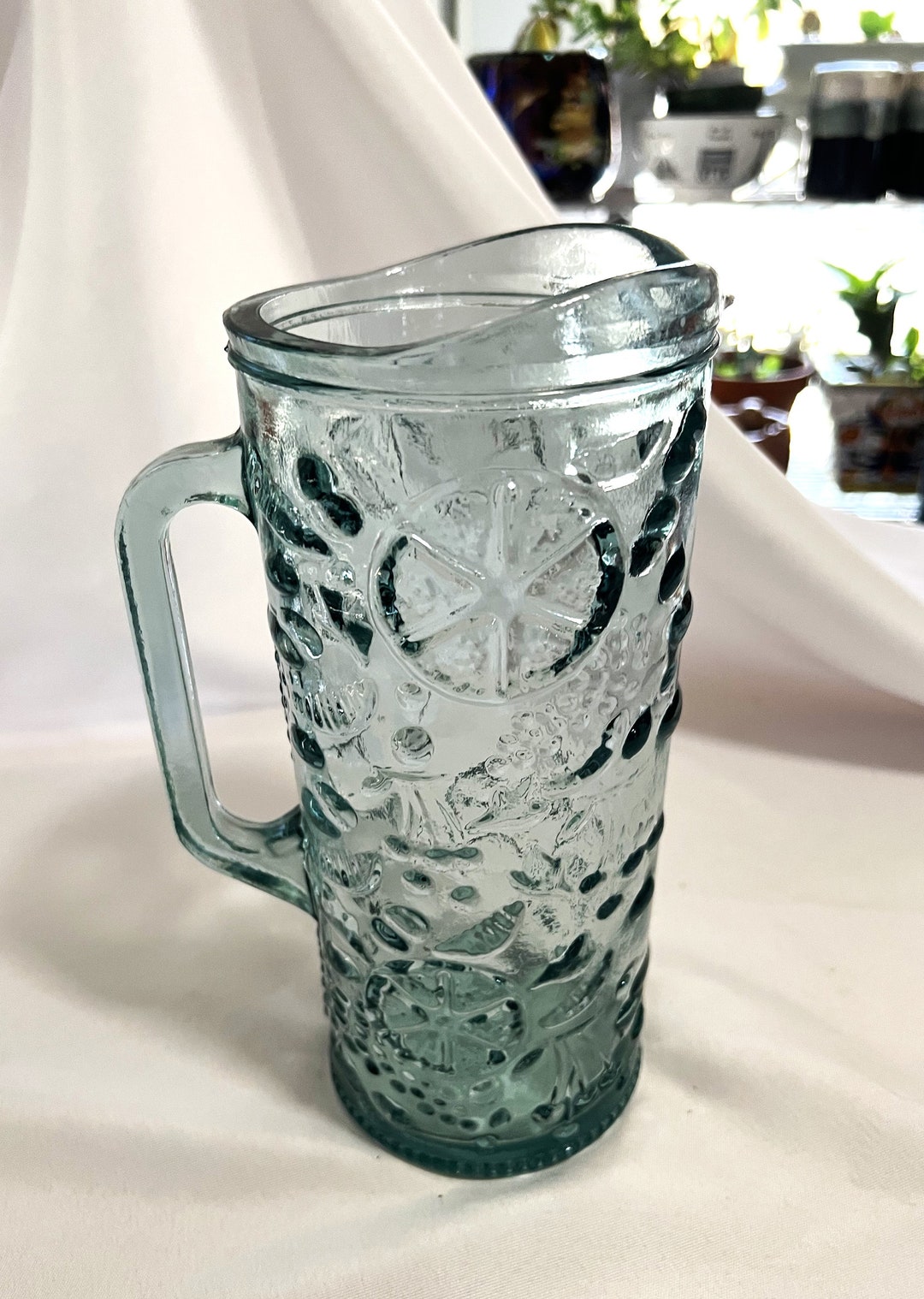 Vintage Pier 1 Aqua Blue Fruit Pattern Heavy Glass Juice Water Summer ...