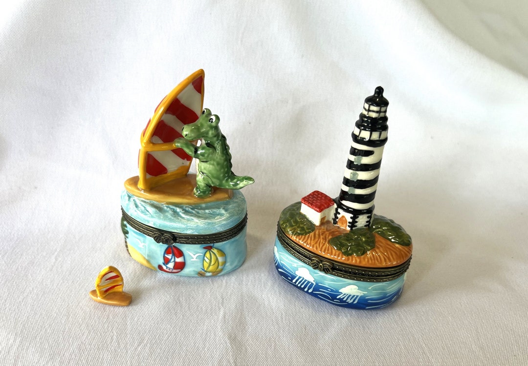 Vintage Hand Painted Porcelain Trinket Box Set Sailing Alligator and ...