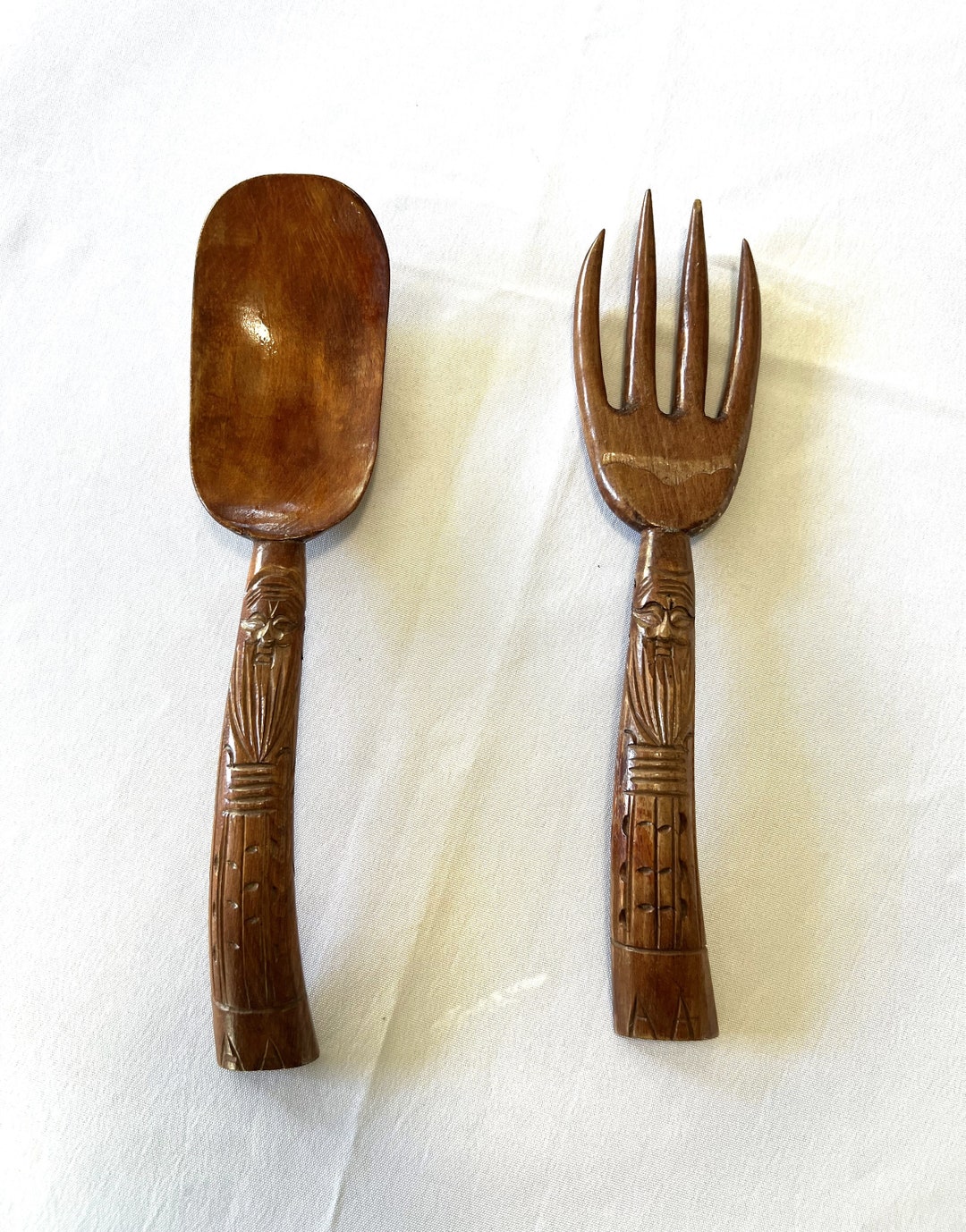 Vintage Carved Wooden Figural Folk Art Serving Spoon and Large Fork - Etsy