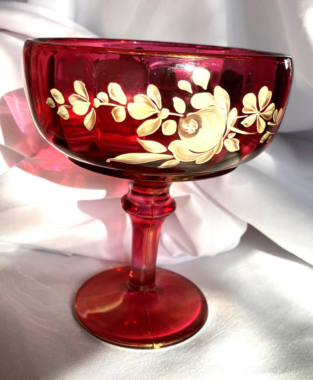Vintage Ruby Red Colored Glass Hand Painted Pedestaled Candy Nut Dish ...
