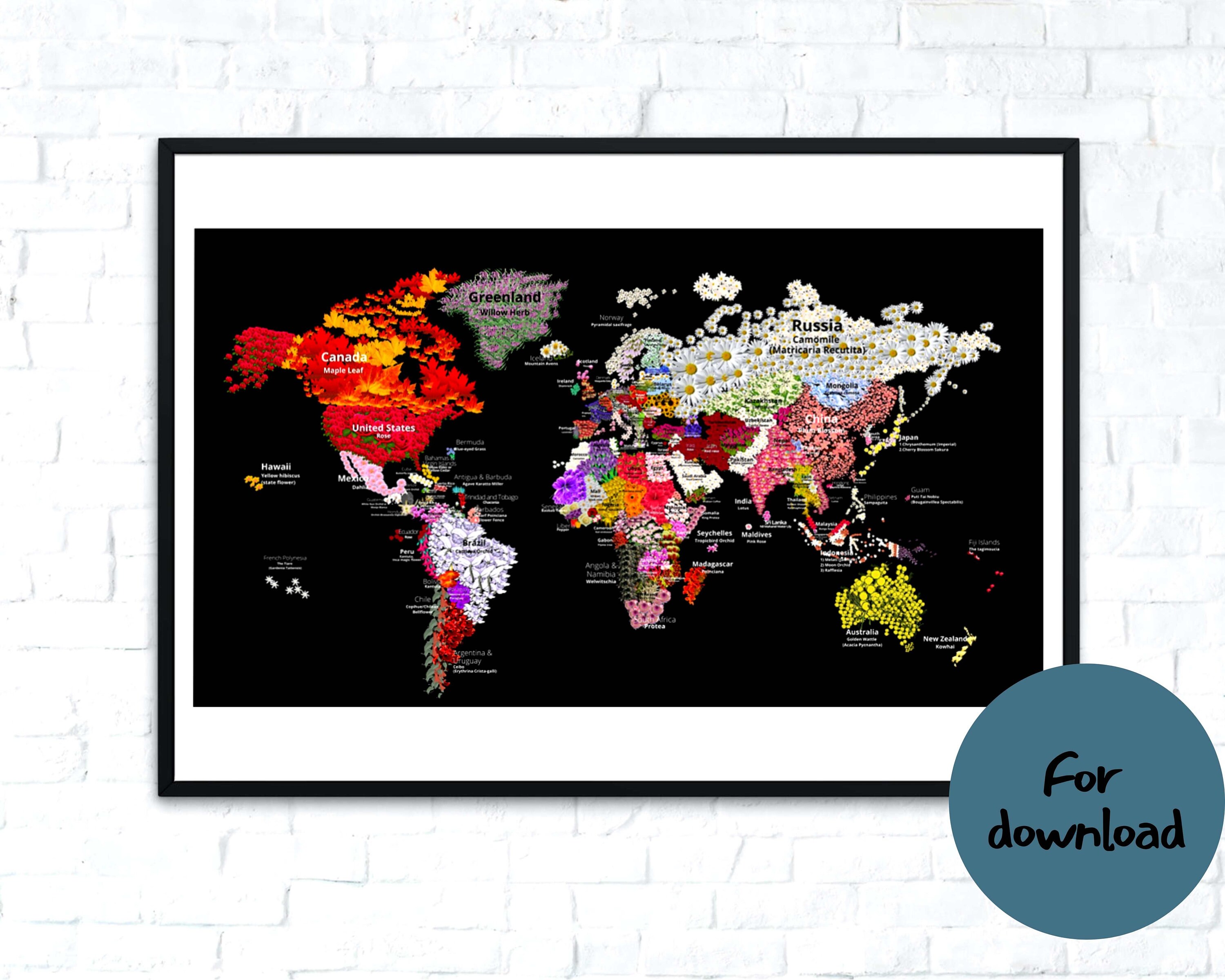 World Map Flower Collage,national Flowers World Map,world Map Flower ...