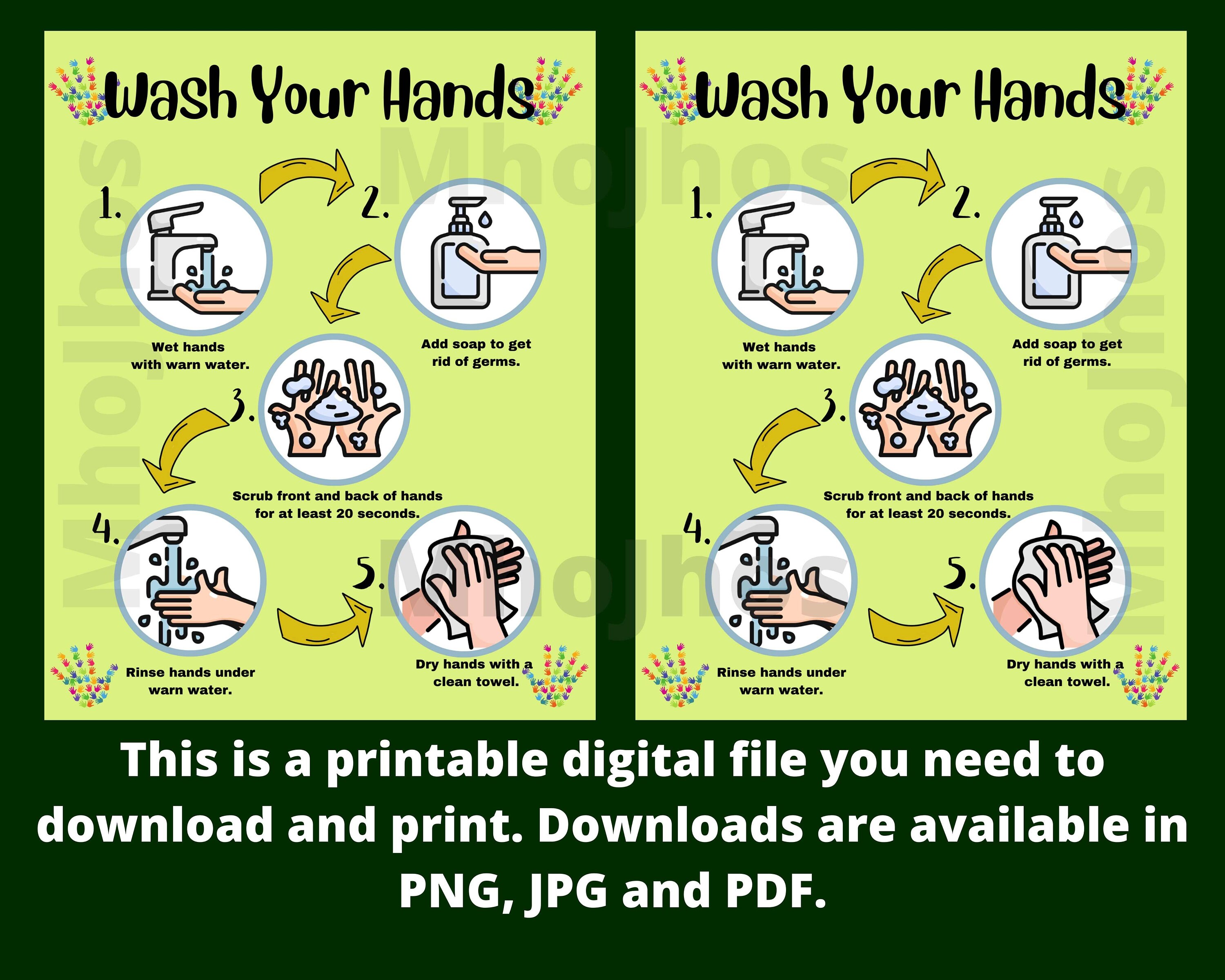 Wash Your Hands Poster,steps in Washing Hands Sign for Kids,covid ...