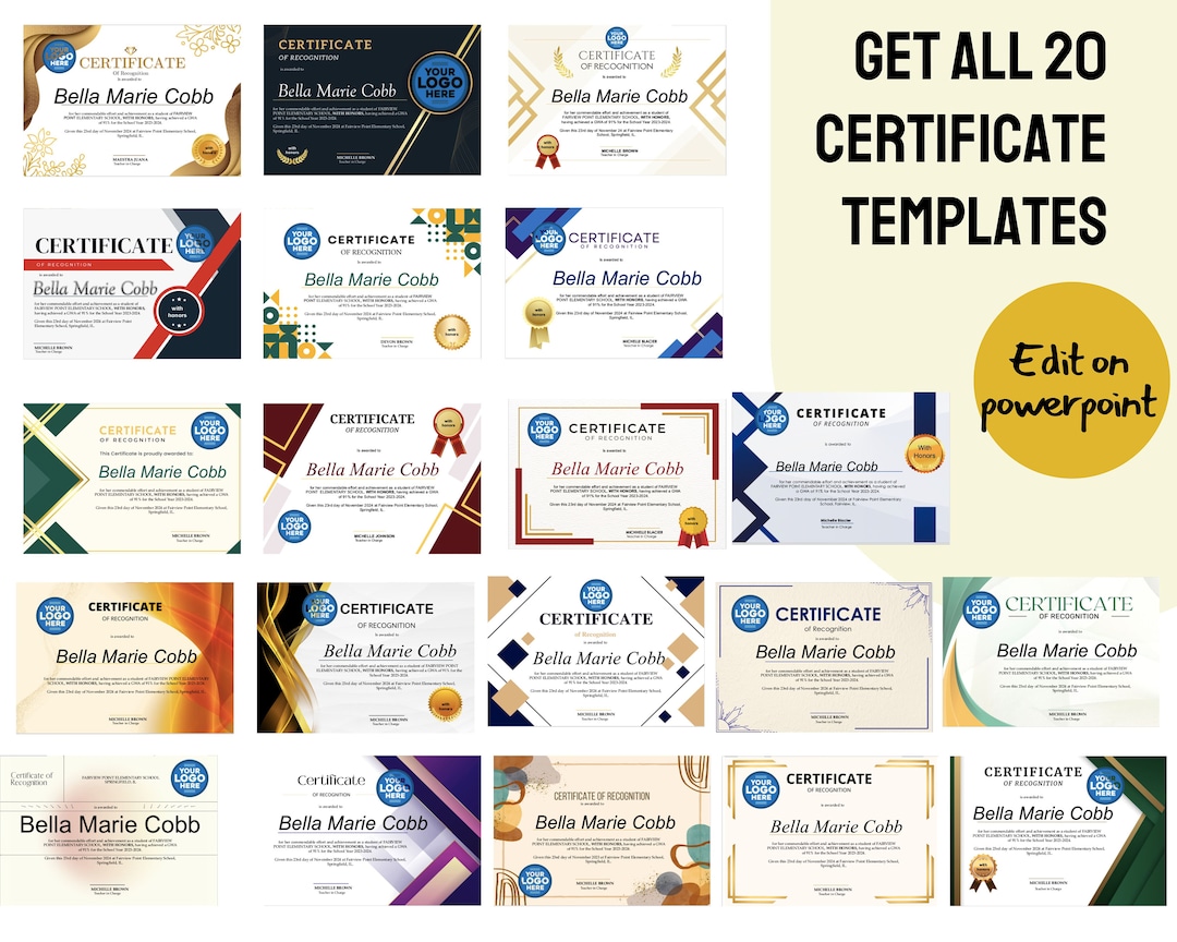 Editable Certificate Templates,bundle-of-20 Certificate Edit on ...