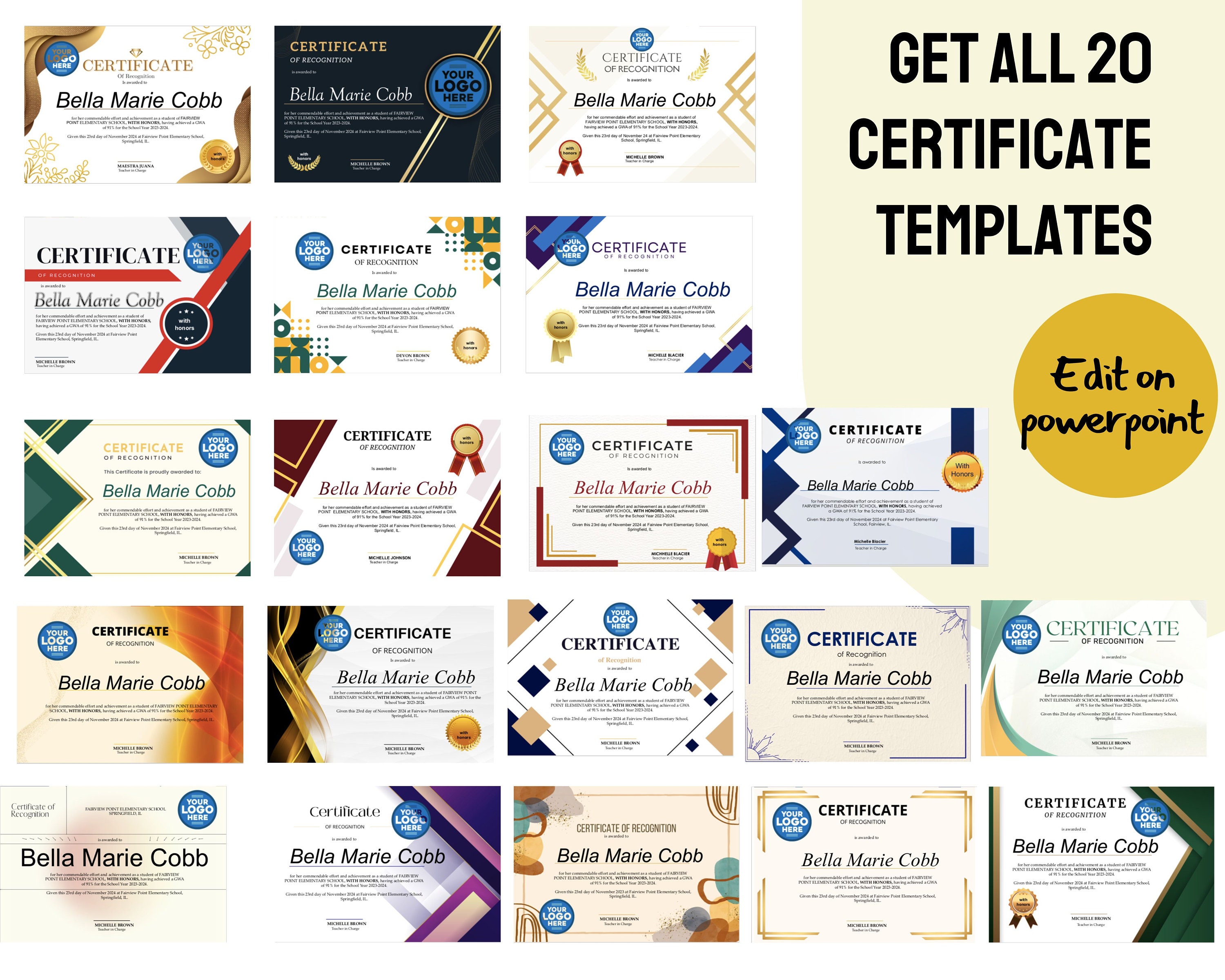 Editable Certificate Templates,bundle-of-20 Certificate Edit on ...