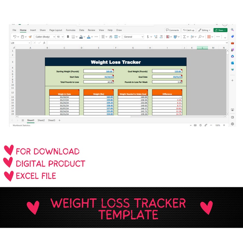 Excel Weight Loss Tracker Template: Health Monitor (digital Download ...