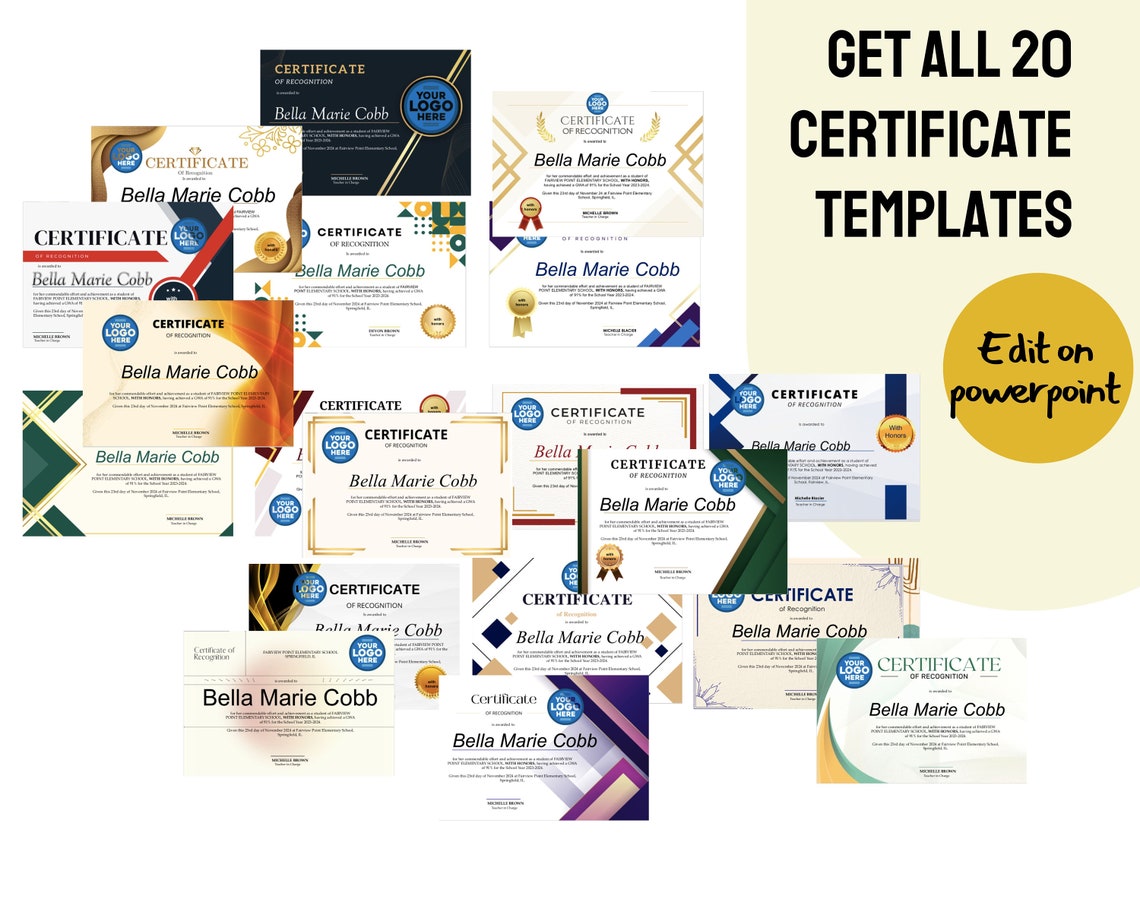 Editable Certificate Templates,bundle-of-20 Certificate Edit on ...