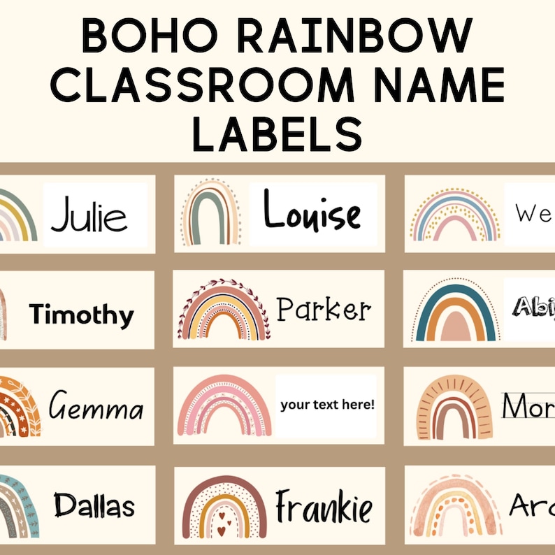 Earthy Boho Rainbow Student Desk Plates Classroom Name Decor Bright ...