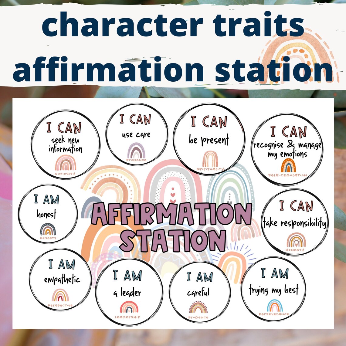 Boho Rainbow Character Traits Affirmation Station Editable | Etsy