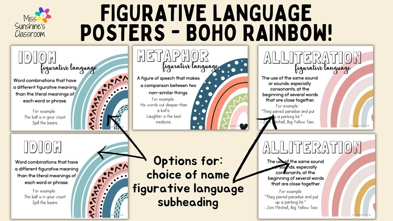 Literacy Devices Figurative Language Posters Boho Rainbow | Grammar ...