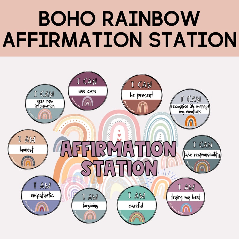 Boho Rainbow Character Traits Affirmation Station Editable Classroom ...