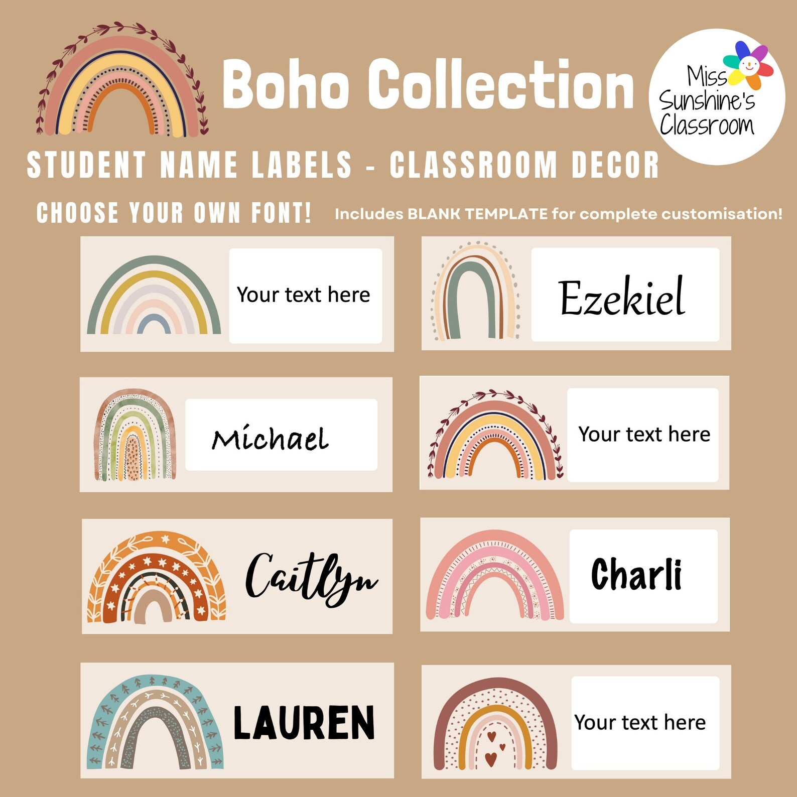Earthy Boho Rainbow Student Desk Plates Classroom Name | Etsy