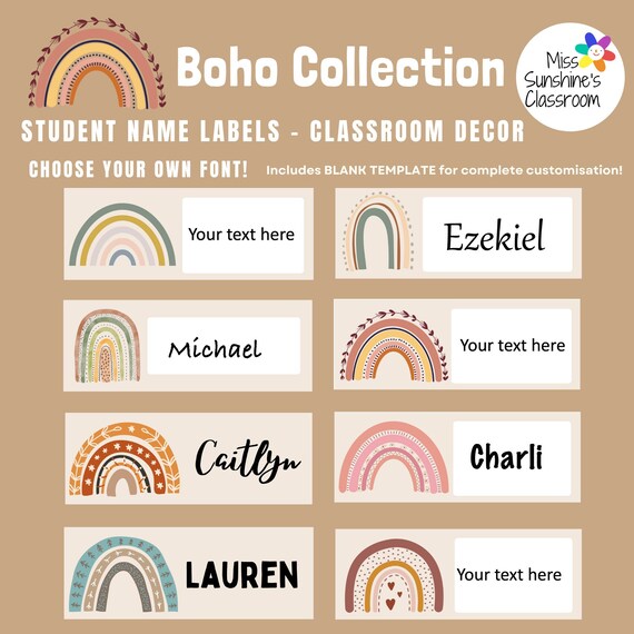 Earthy Boho Rainbow Student Desk Plates Classroom Name | Etsy