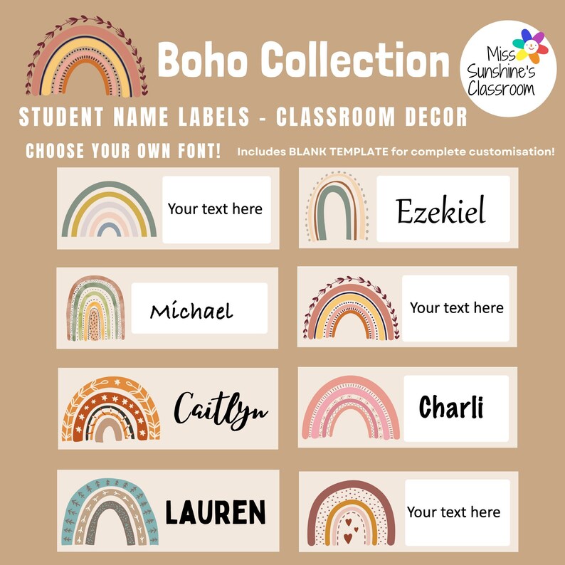 Earthy Boho Rainbow Student Desk Plates Classroom Name | Etsy