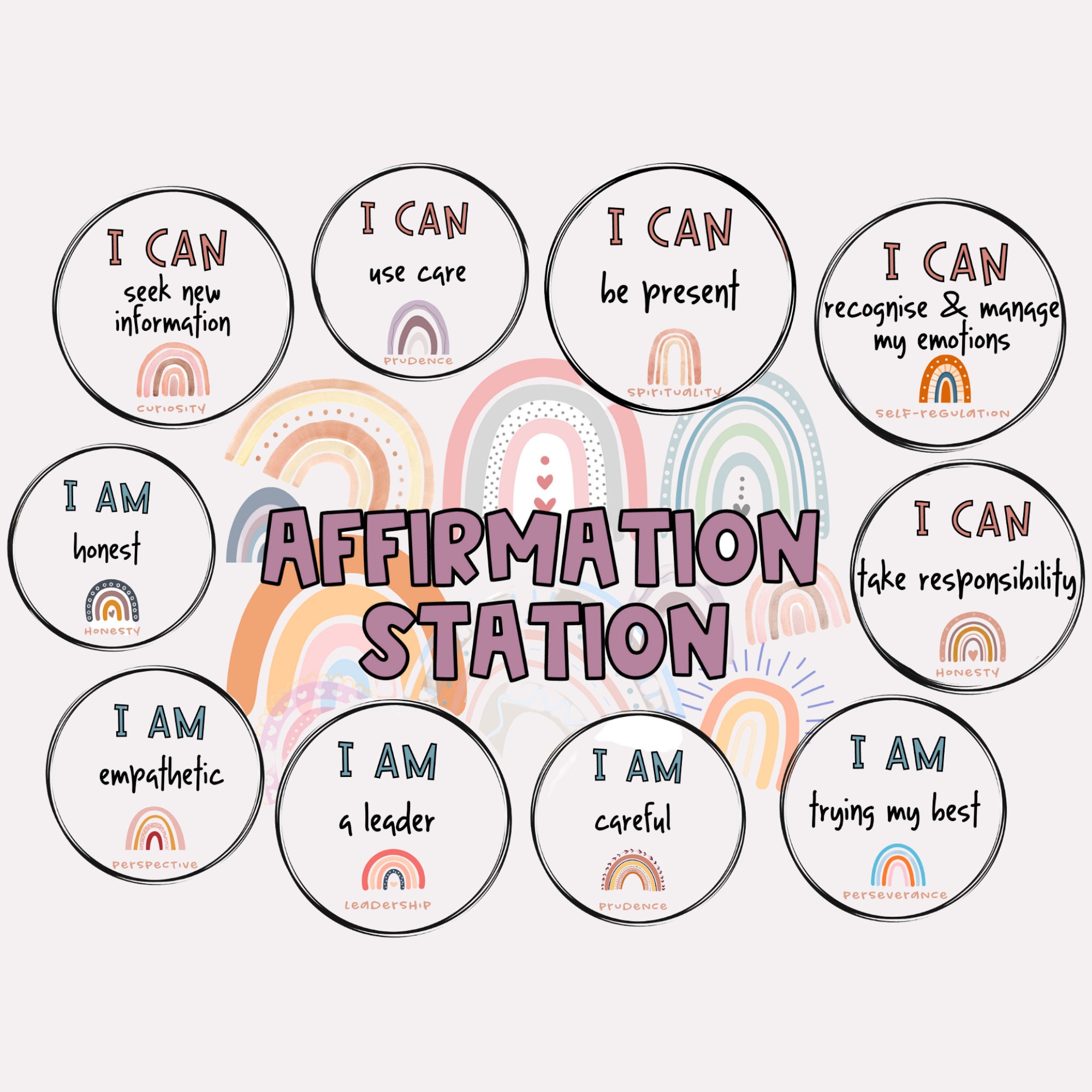 Boho Rainbow Character Traits Affirmation Station Editable Classroom ...