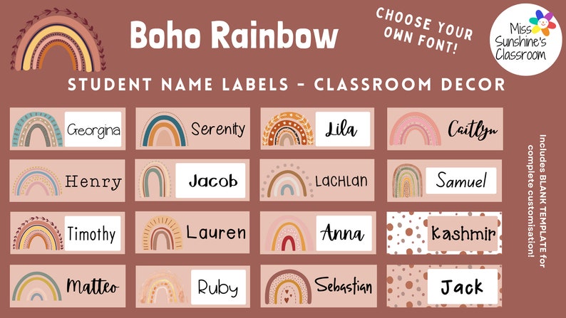 Earthy Boho Rainbow Student Desk Plates Classroom Name Decor Blush ...