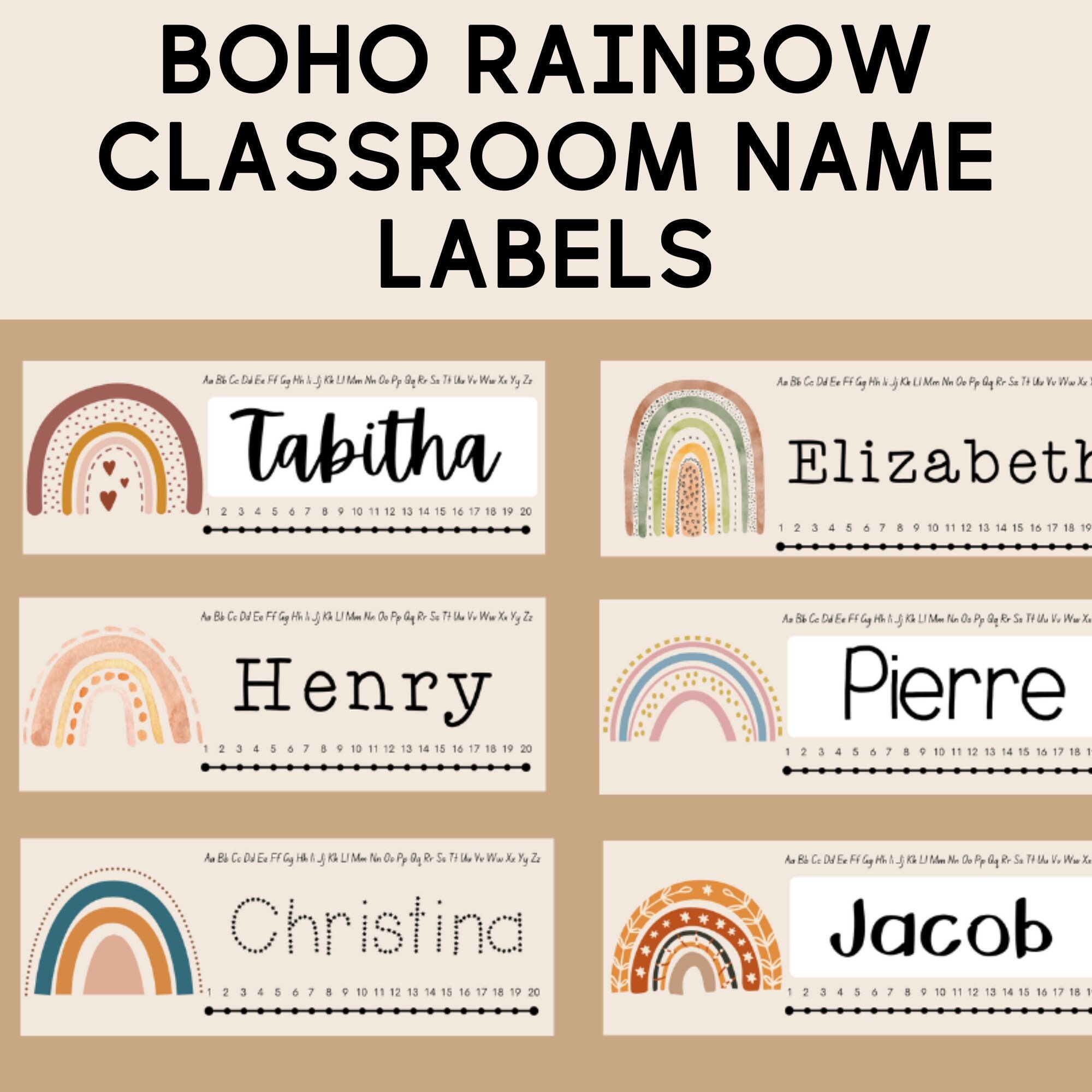 Earthy Boho Rainbow Student Desk Plates Classroom Name Decor Bright ...