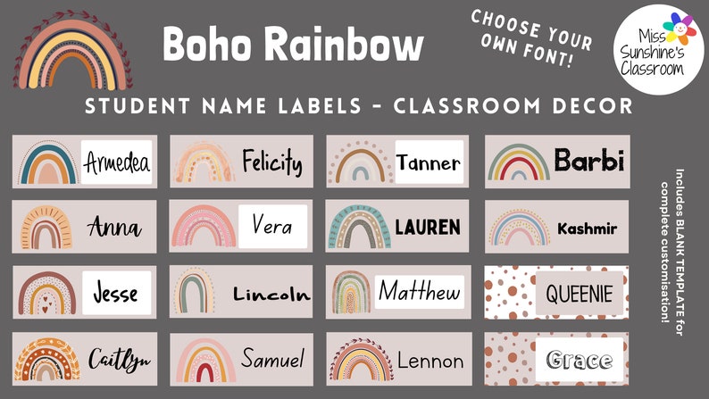 Earthy Boho Rainbow Student Desk Plates Classroom Name Decor Pearl ...