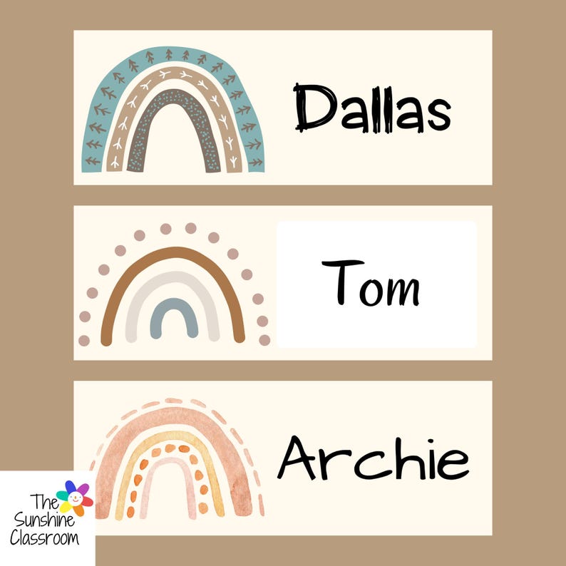 Earthy Boho Rainbow Student Desk Plates Classroom Name Decor Bright ...
