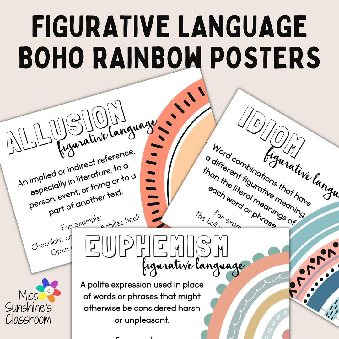 Literacy Devices Figurative Language Posters Boho Rainbow | Grammar ...