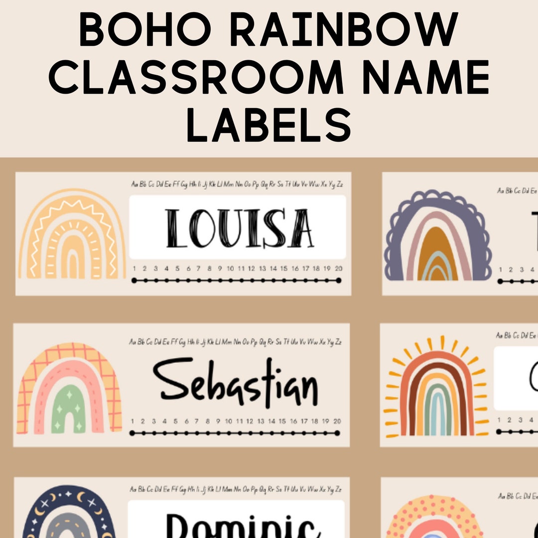 Earthy Boho Rainbow Student Desk Plates Classroom Name Decor Bright ...