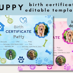 PUPPY BIRTH CERTIFICATE Dog Whelping Editable Printable Pet Adoption ...
