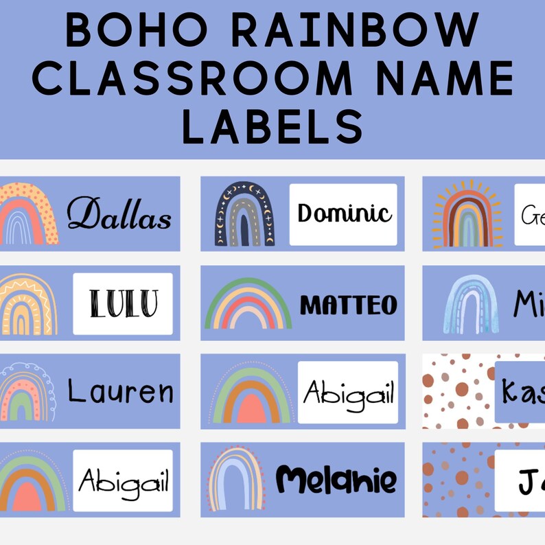 Earthy Boho Rainbow Student Desk Plates Classroom Name Decor Blue ...