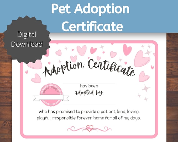 Pet Adoption Certificate Printable Certificate of Adoption - Etsy