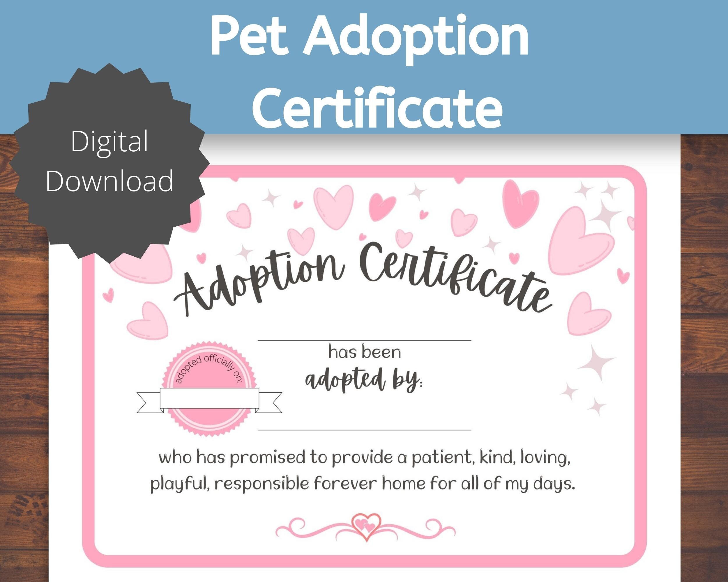 Pet Adoption Certificate Printable, Certificate of Adoption, Rescue ...
