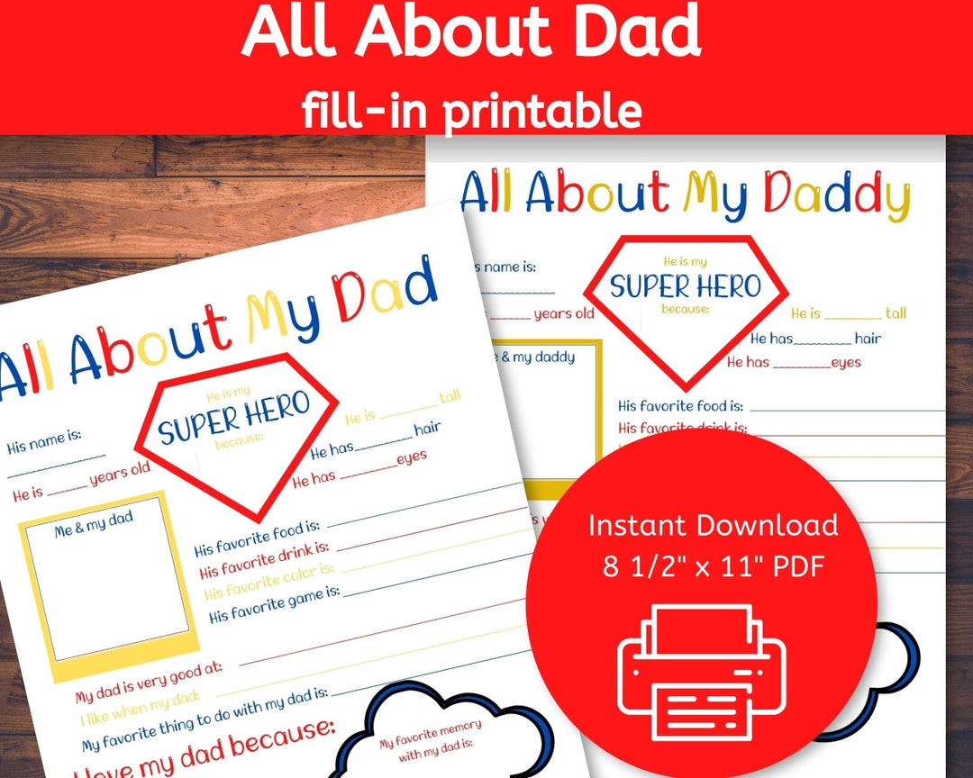 All About My Dad Printable, Kids Gift for Fathers Day, Fill in the ...