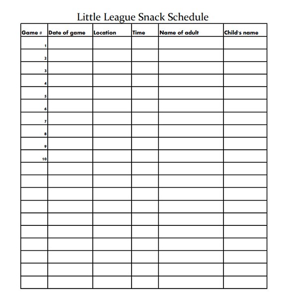 Little League Snack Schedule Instant Download Digital - Etsy