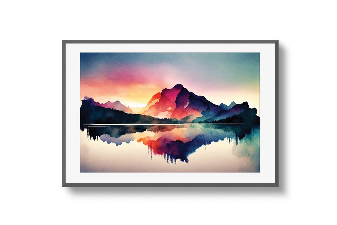 Lake Reflection Watercolor, Printable Watercolor Art, Lake Art, Digital ...