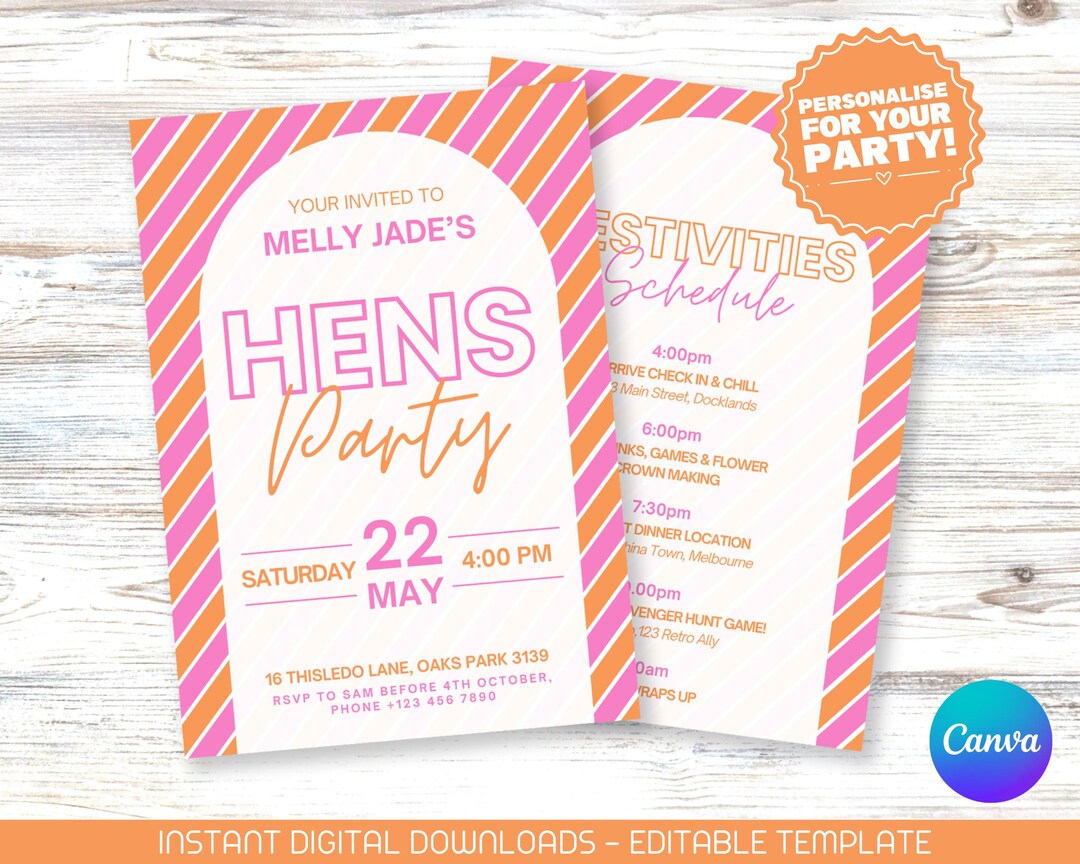Retro Hens Party Invitation & Schedule: Pink Orange Design (printable ...
