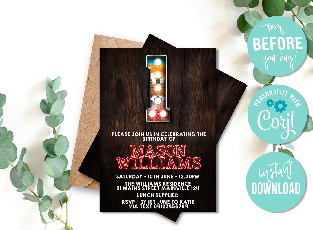 1ST BIRTHDAY INVITATION Corjl Template Marquee Lights - Etsy Australia