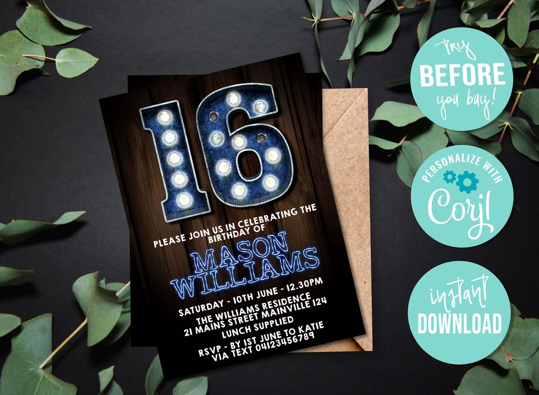 16th BIRTHDAY INVITATION Corjl Template Marquee Lights - Etsy Australia