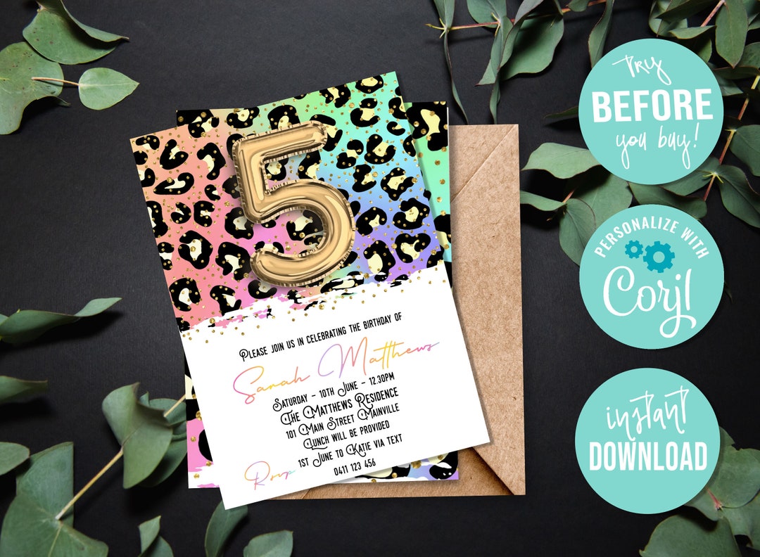 5TH BIRTHDAY INVITATION Corjl Template Rainbow Cheetah - Etsy