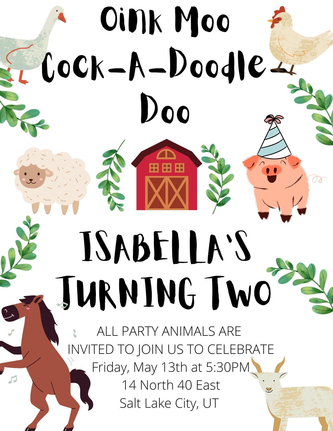 Second Birthday Invitation, Farm Party Invitation, Oink Moo Cock-a ...