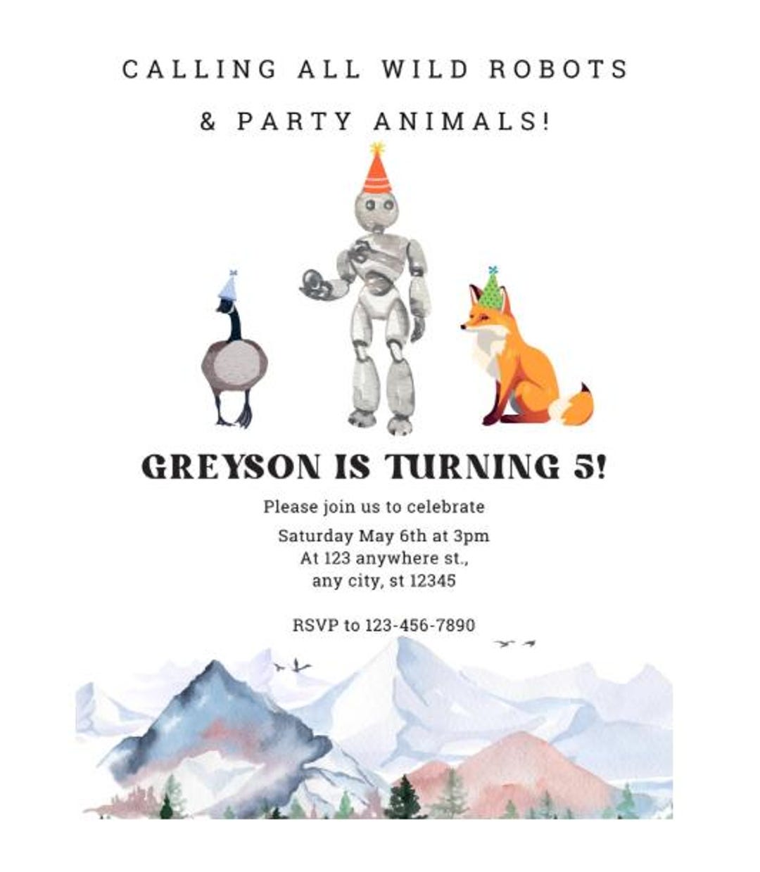 Robot Birthday, Wild Robot Birthday Invitation, Digital Download, Party ...